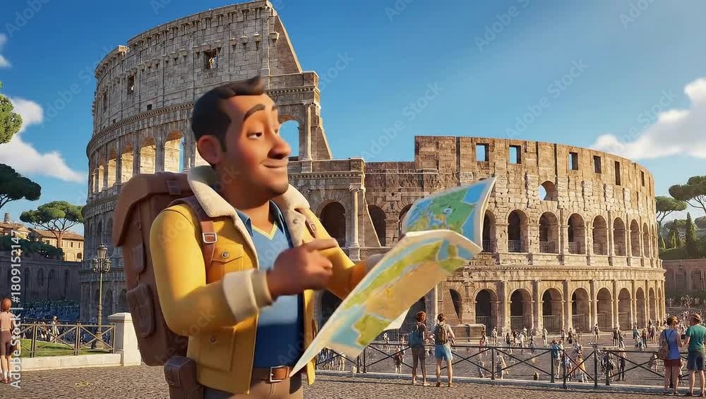 Smiling animated tourist with map exploring ancient Rome, iconic ...
