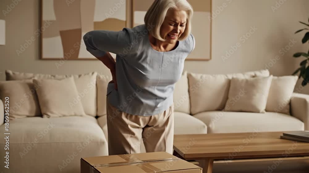 Senior woman lifting heavy box and experiencing sudden lower back pain ...