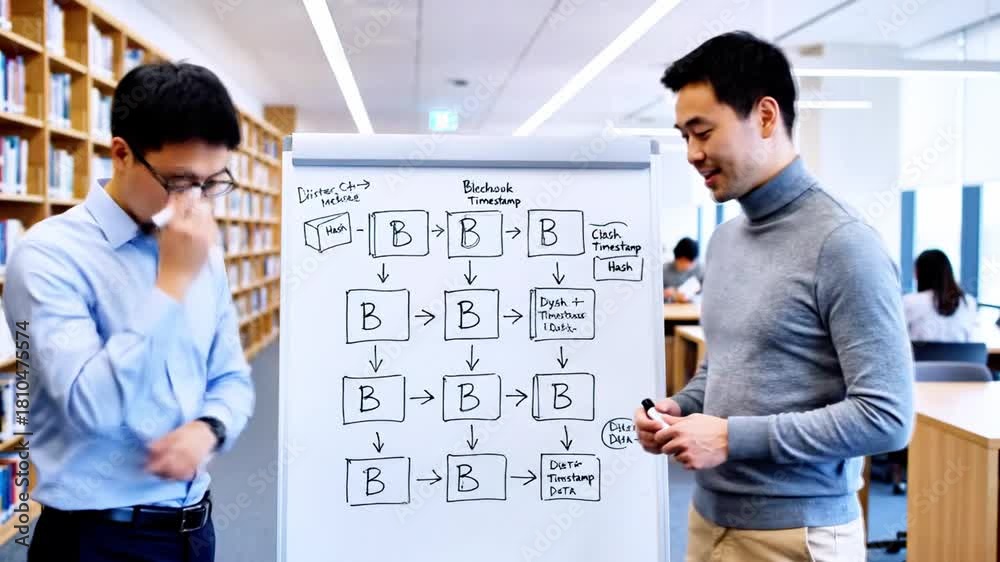 Two people collaborate in a library, explaining a flow chart on a ...
