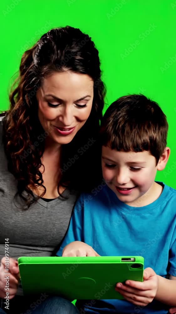 Green Screen mother and son using digital tablet together chroma key ...
