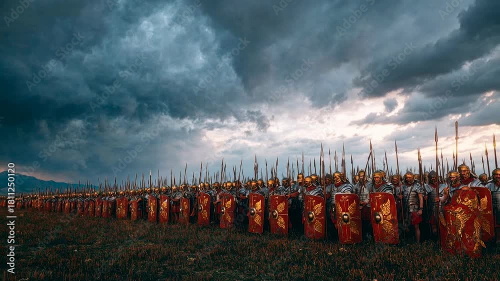 Storm builds over a vast line of armored soldiers, banners snapping in ...
