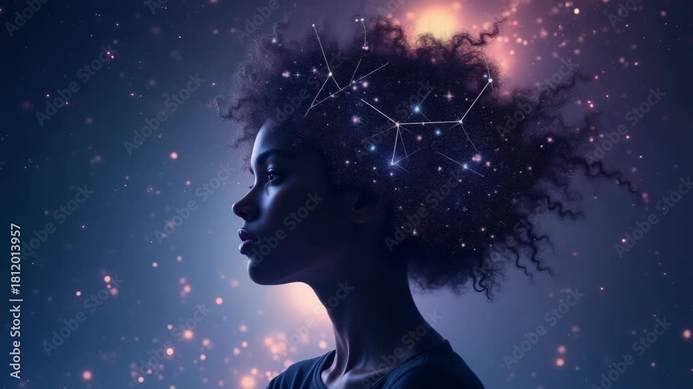 African woman with hair blending into starry night sky, with glowing ...