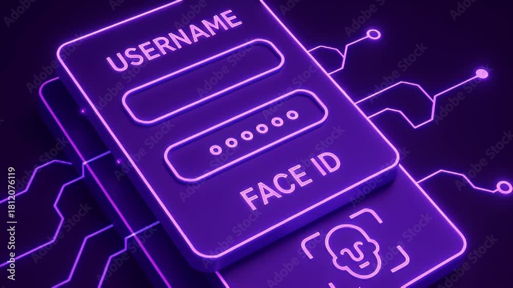 Neon login interface with username password face ID biometric ...