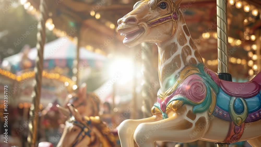 A colorful giraffe carousel horse stands proudly among other carousel ...