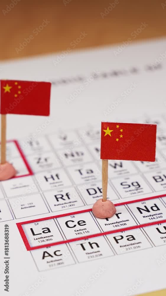 Chinese flags placed on the rare earth elements of the periodic table ...