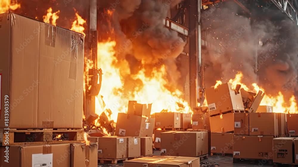 Devastating inferno engulfs a large warehouse, with countless cardboard ...
