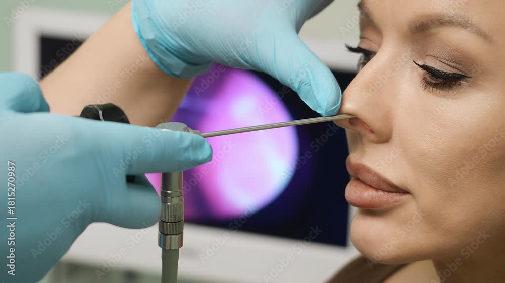Close up of ENT doctor performing nasal endoscopy procedure on a female ...