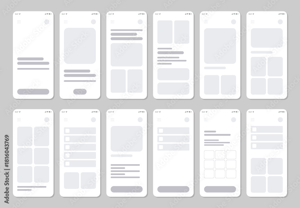Set of Low Fidelity Mobile App Wireframe Screens UX Templates Stock ...