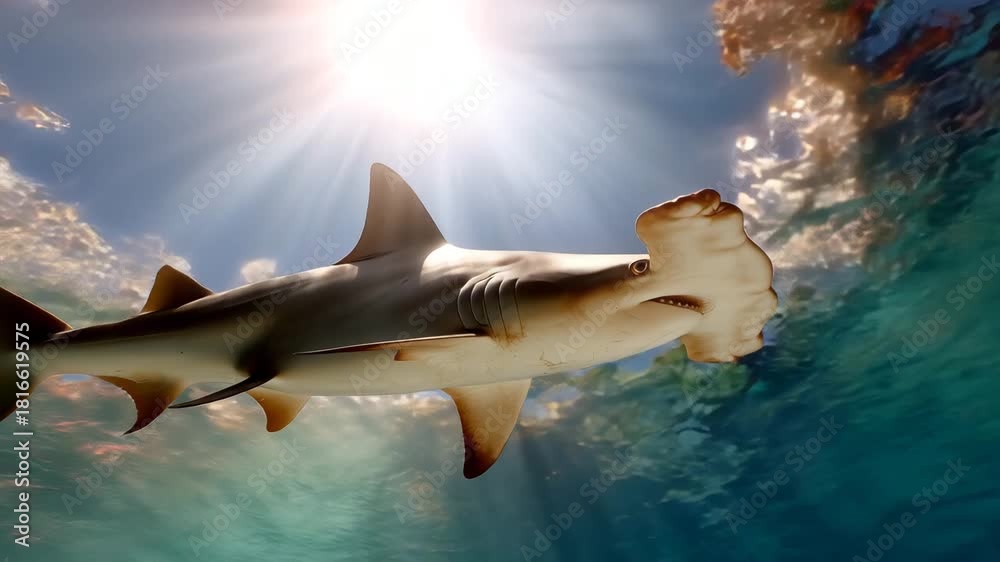 Hammerhead Shark Patrolling Over Sandy Seabed in Turquoise Water ...