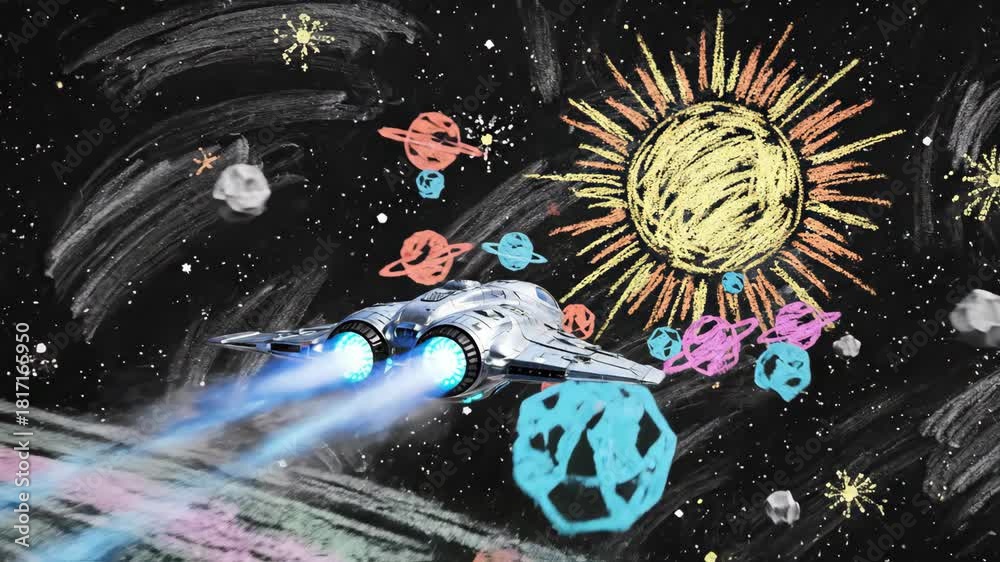 Colorful childlike crayon drawing on black background featuring rocket ...