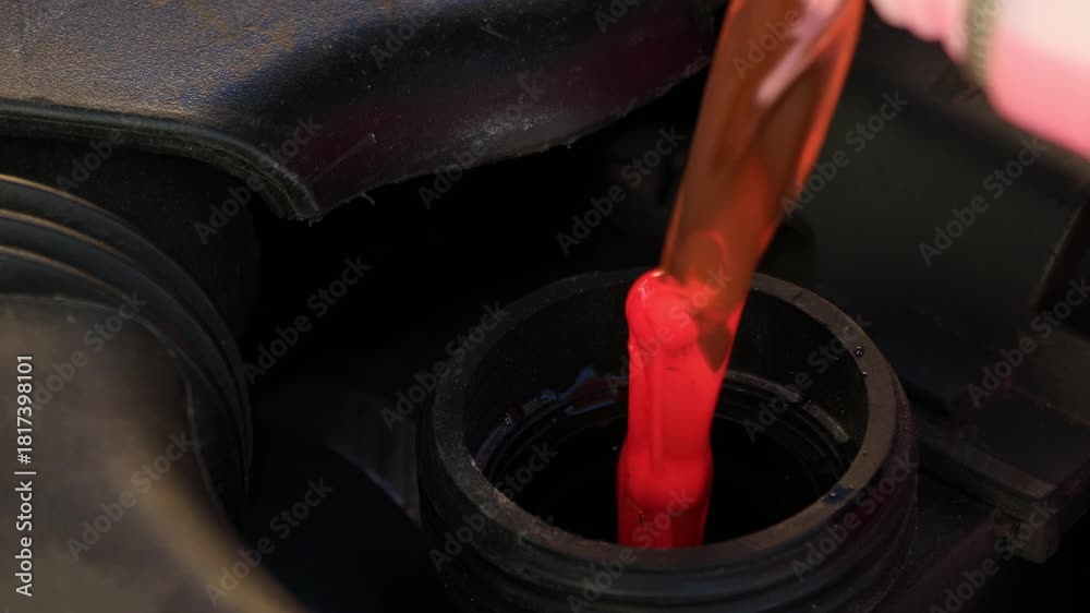Red coolant is poured into the car’s antifreeze reservoir, with a red ...