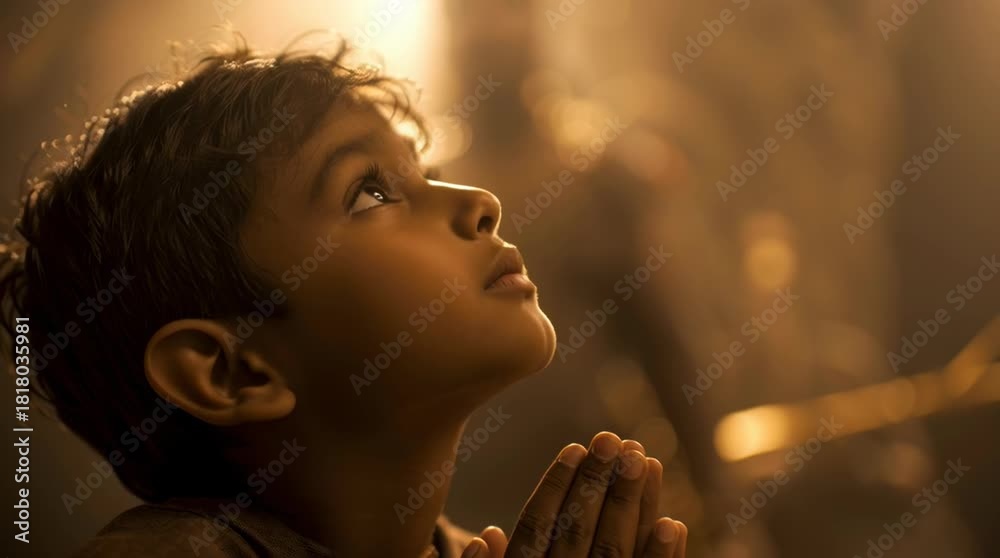 Medium cinematic shot a young Indian boy with folded hands looking ...