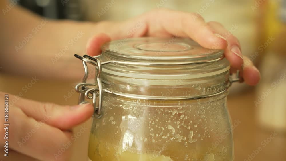 Opening and closing jar with honey by unrecognizable person. Handling ...