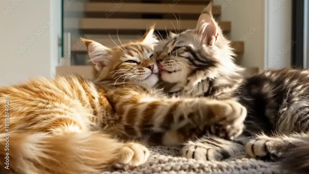 Two kittens one orange and one gray cuddle on a rug indoors near a ...