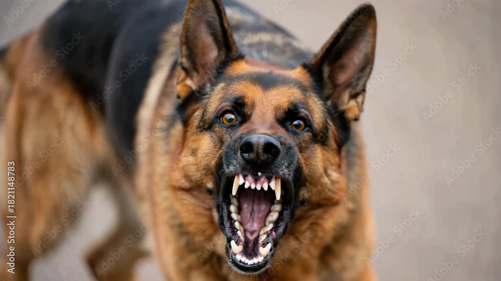 Aggressive German Shepherd baring teeth on street background, dangerous ...