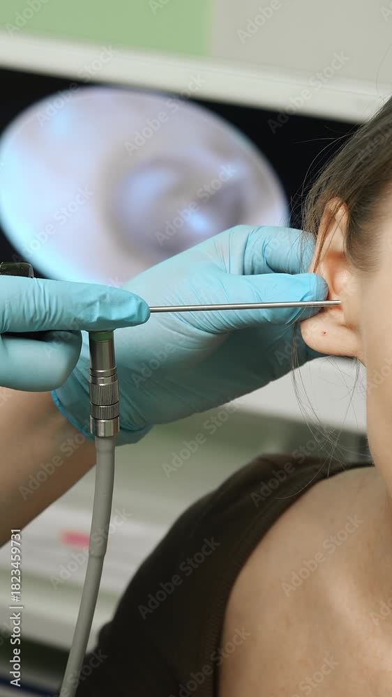 Close up of an ENT doctor performing an ear examination with an ...
