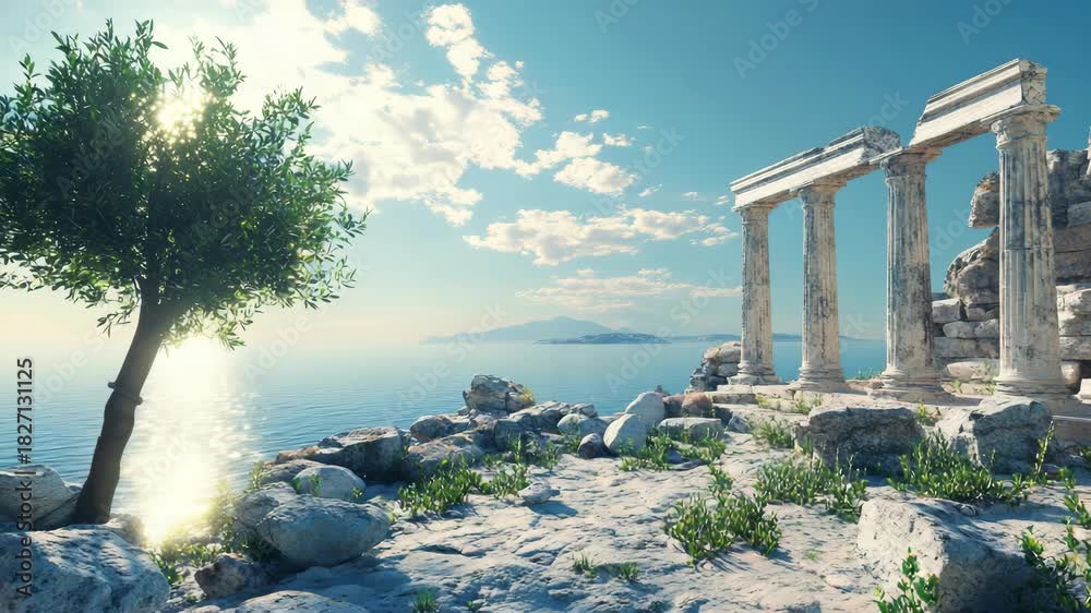 Ancient Greek temple columns rise against the blue horizon and calm sea ...