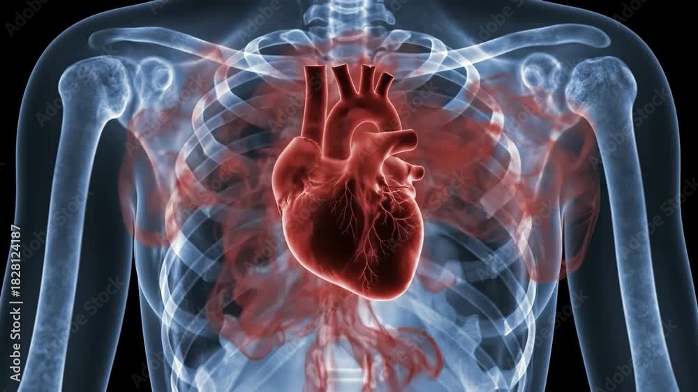 Red heart organ chest anatomy ribcage blood flow with spine thoracic ...