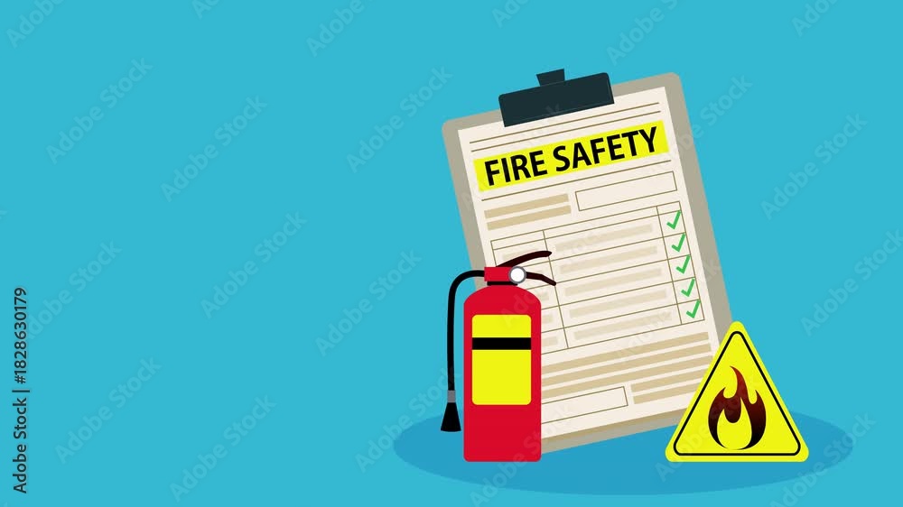 Fire fighting checklist. Extinguisher and paper tablet with checkmarks ...