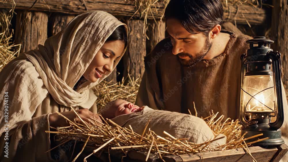 Mary and Joseph with baby Jesus in a humble manger scene, depicting the ...