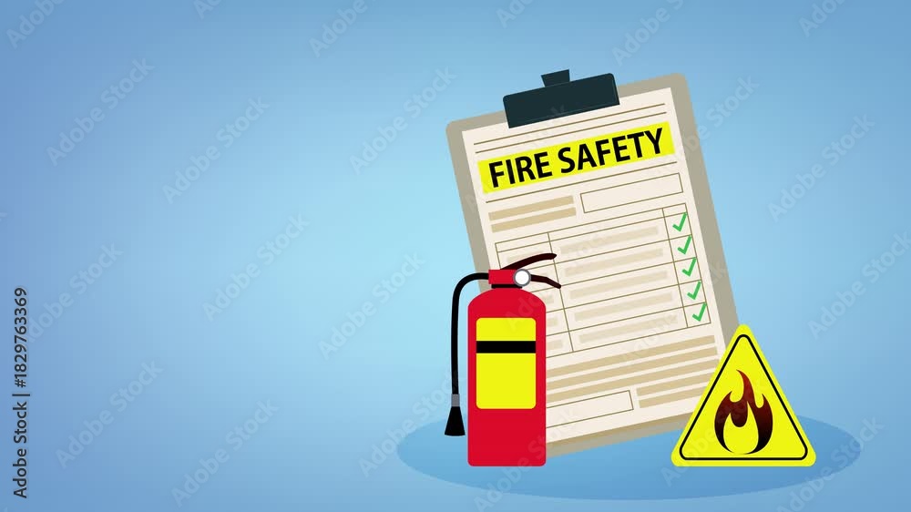 Fire fighting checklist. Extinguisher and paper tablet with checkmarks ...