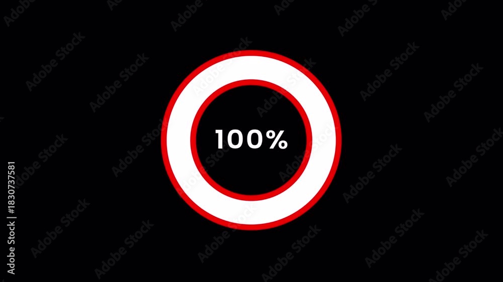 100 percent completed circle animation, bright white progress ring, red ...