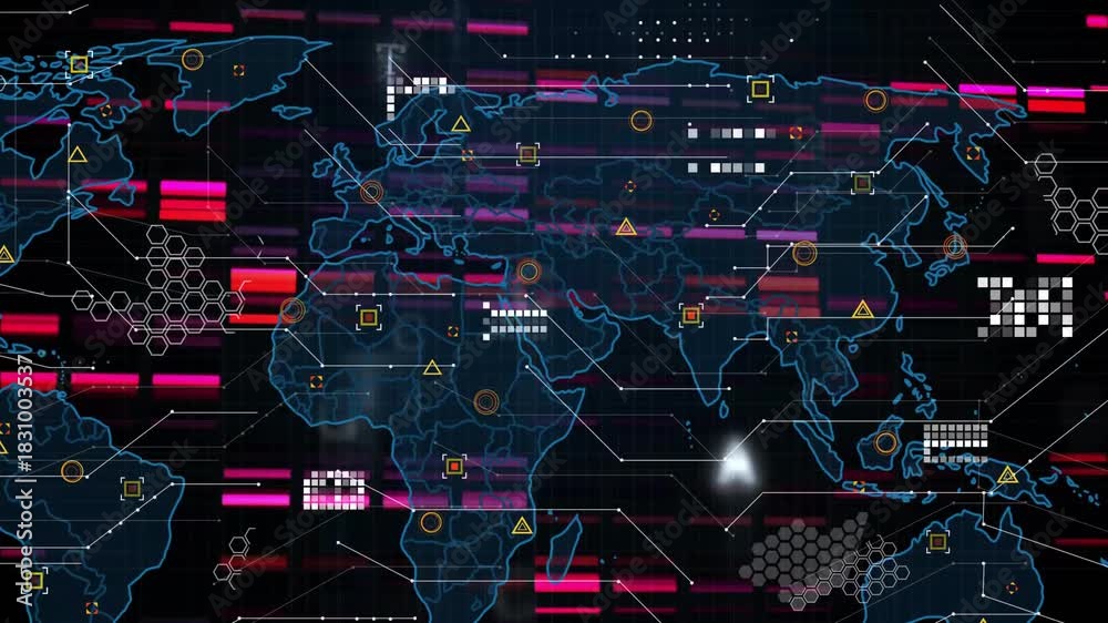 Stylized world map expanding and revealing streaming data overlays as ...