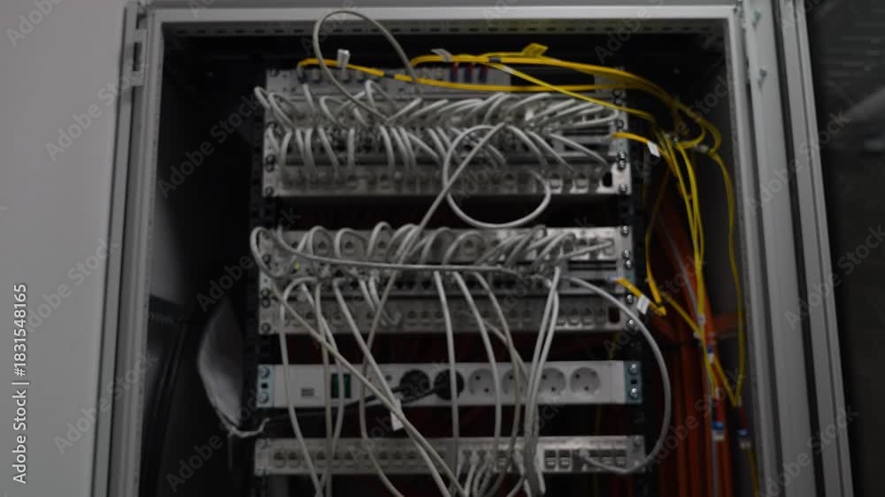 Network cable cabinet with multiple patch panels and bundled wiring ...
