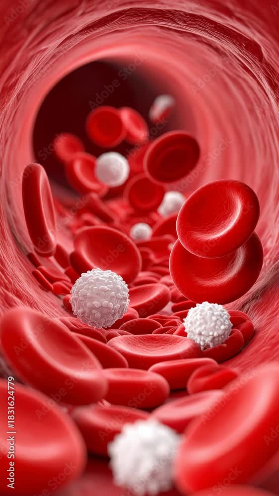 Human bloodstream closeup featuring red blood cells and white blood ...