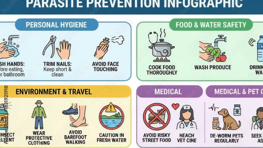 Infographic outlining practical parasite prevention steps: hygiene ...