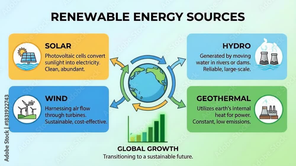 Infographic illustrating different renewable energy sources like solar ...