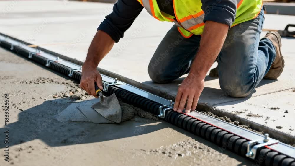 Worker fitting preformed expansion joint into fresh concrete slab to ...