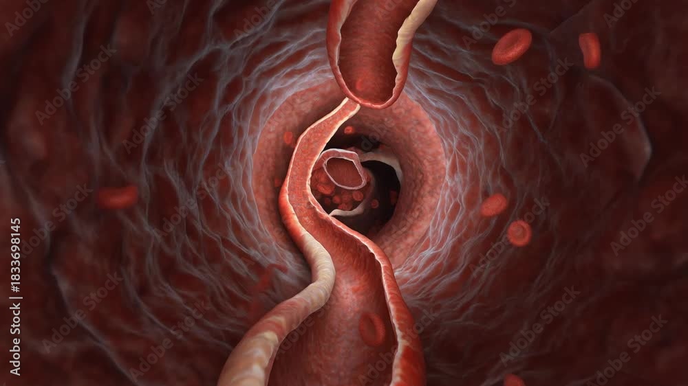 Journey inside a blood vessel with red blood cells flowing through the ...