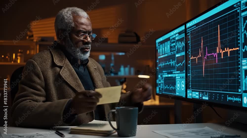 Analyzing heart monitor data on screen. Doctor points to ecg waveform ...