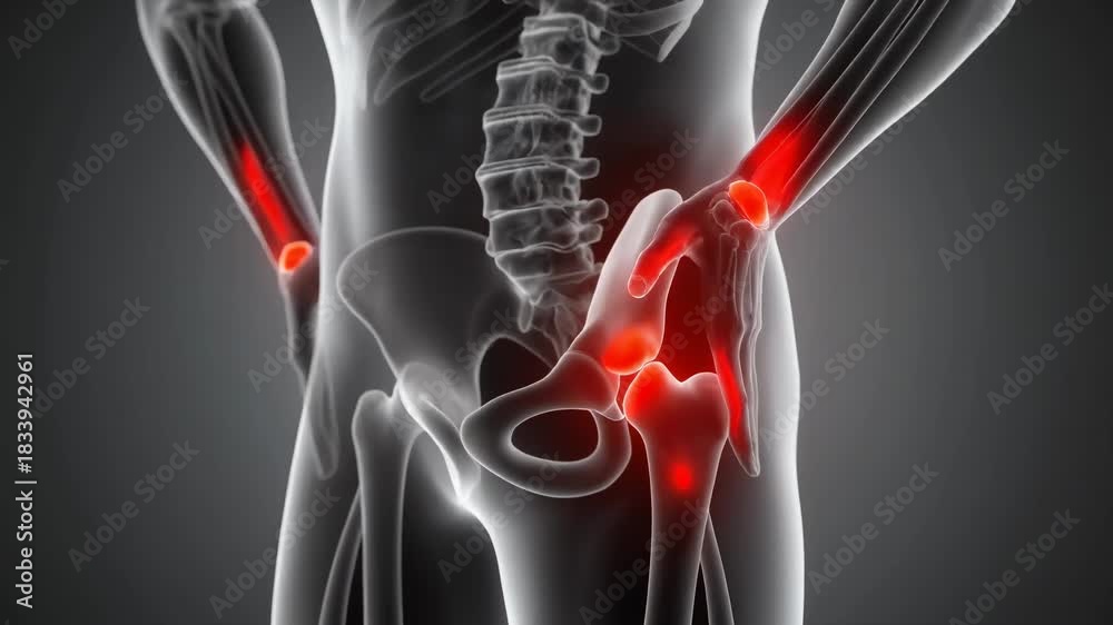 Human skeletal system anatomy animation showing inflamed joints in ...