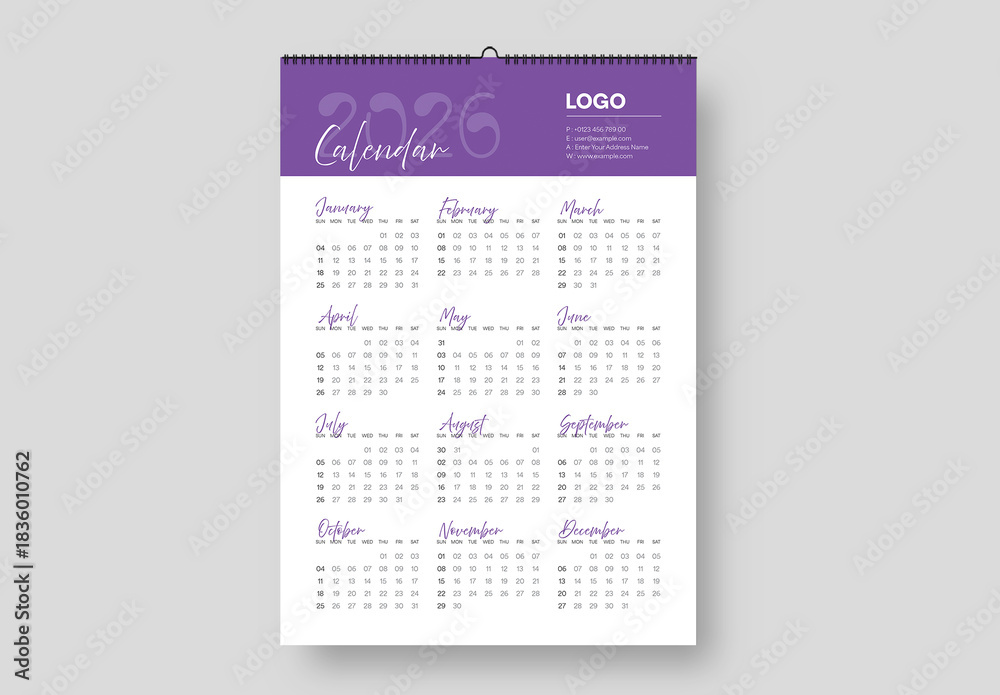 One 2026 Calendar Template Layout Stock Template | Adobe Stock