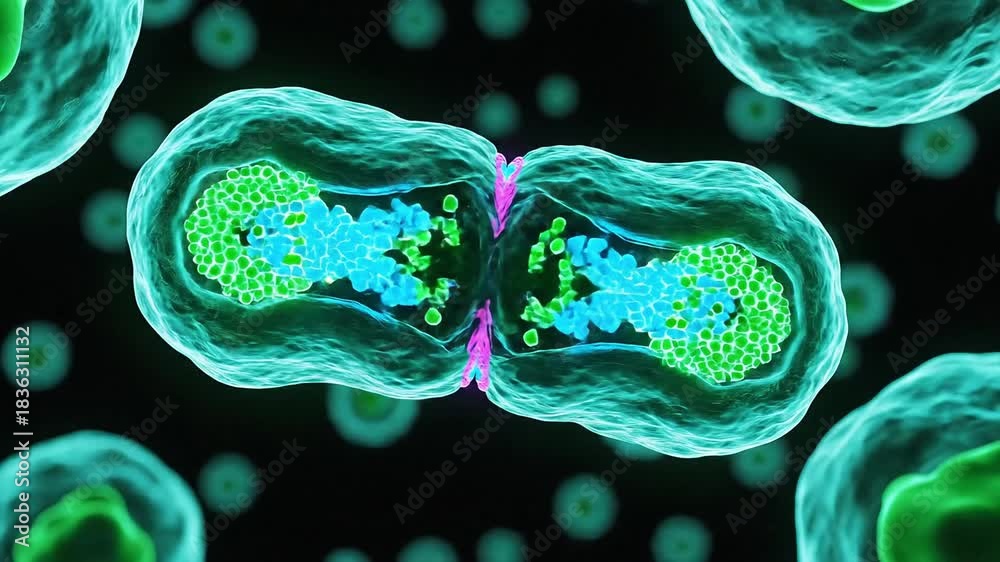 Microscopic view of a cell undergoing binary fission, a form of asexual ...