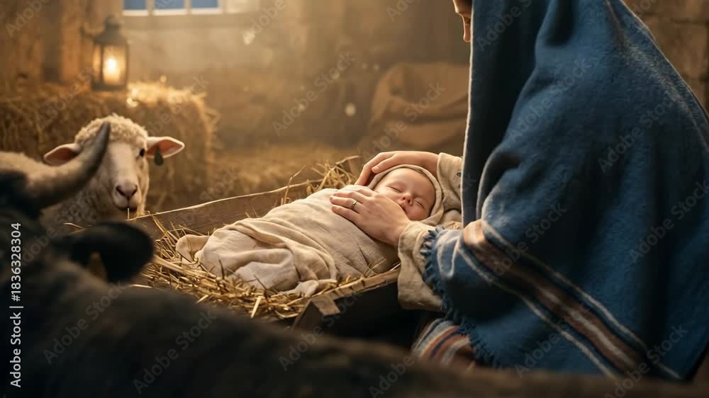Woman touching sleeping baby Jesus in manger with sheep and ox in barn ...