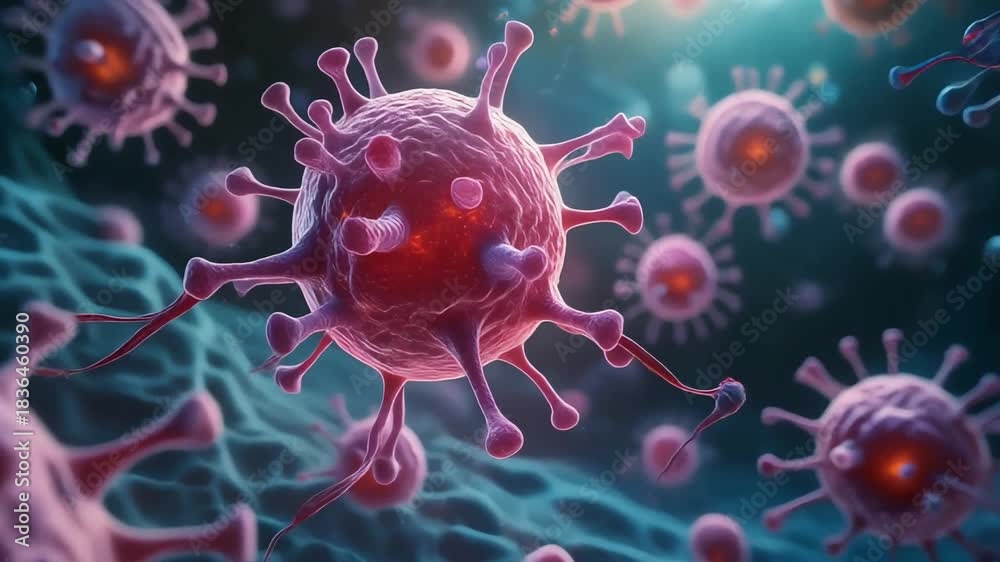 Slow-motion microscopic sequence depicting viral replication inside a ...