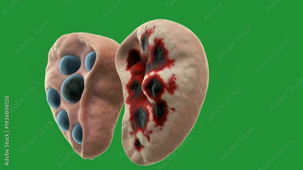 Medical illustration comparing a kidney with multiple blue cysts to ...