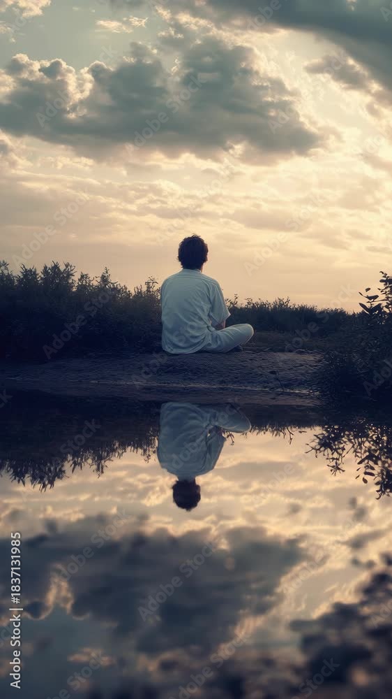 Reflective yoga pose on wet ground, twilight ambiance, serene body of ...