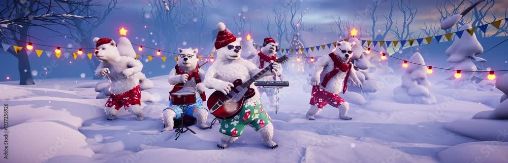 Christmas party: funny polar bears in red hat and scarf playing guitar ...