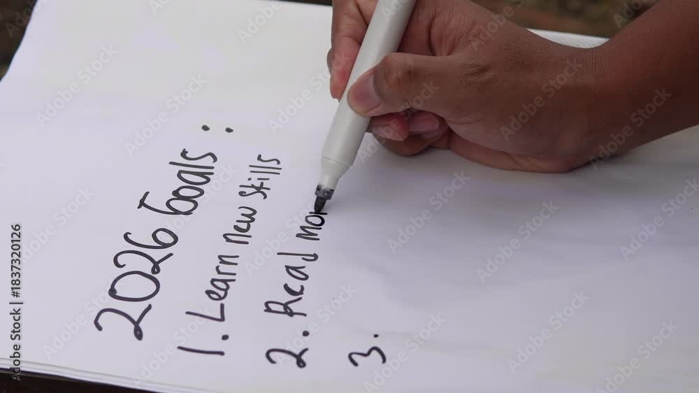 A person's hands writing "2026 goals" on a white sheet of paper with a ...