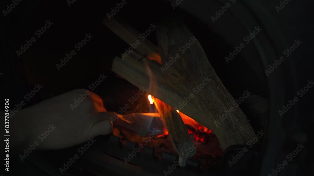 The process of lighting a fire in a fireplace, close-up. A piece of ...