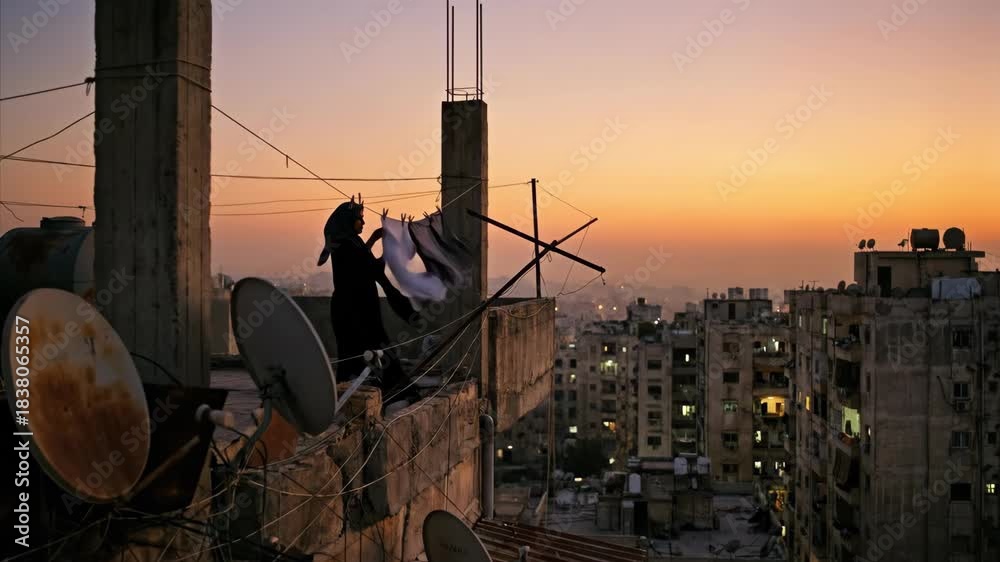 Woman washing clothes on rooftop at sunset. Everyday life in urban ...