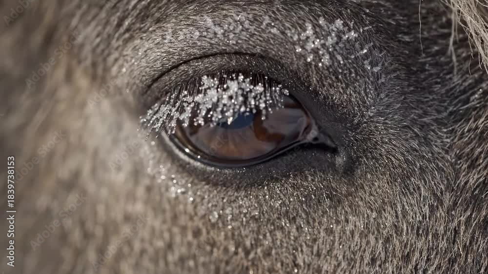 Extreme close up of blinking horse eye with frozen eyelashes for animal ...