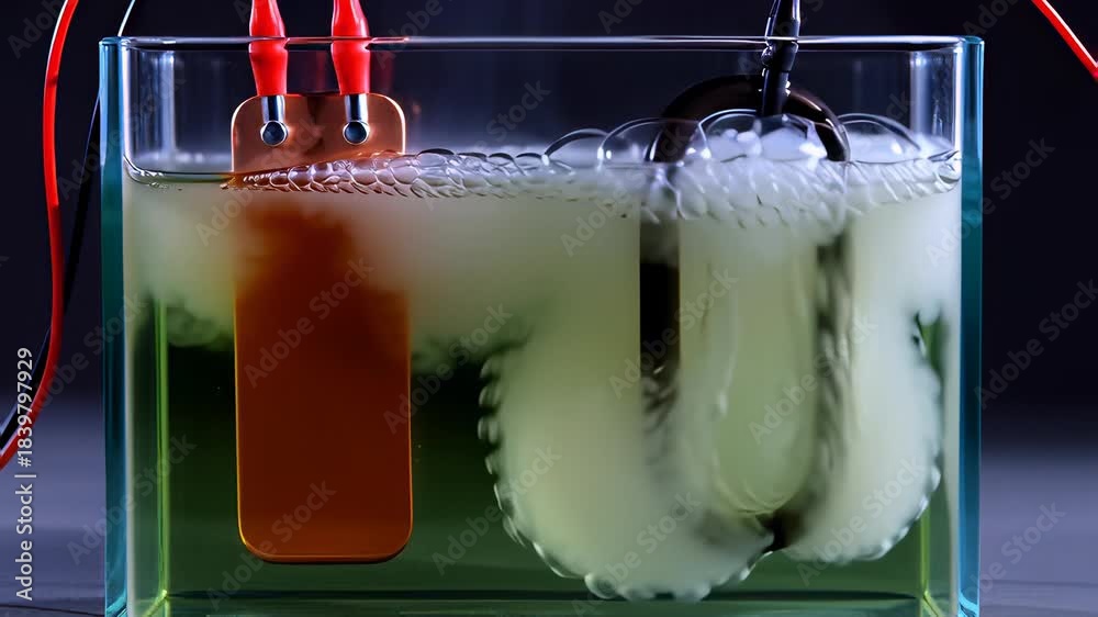 Close up of an electrolysis experiment with copper electrodes bubbling ...