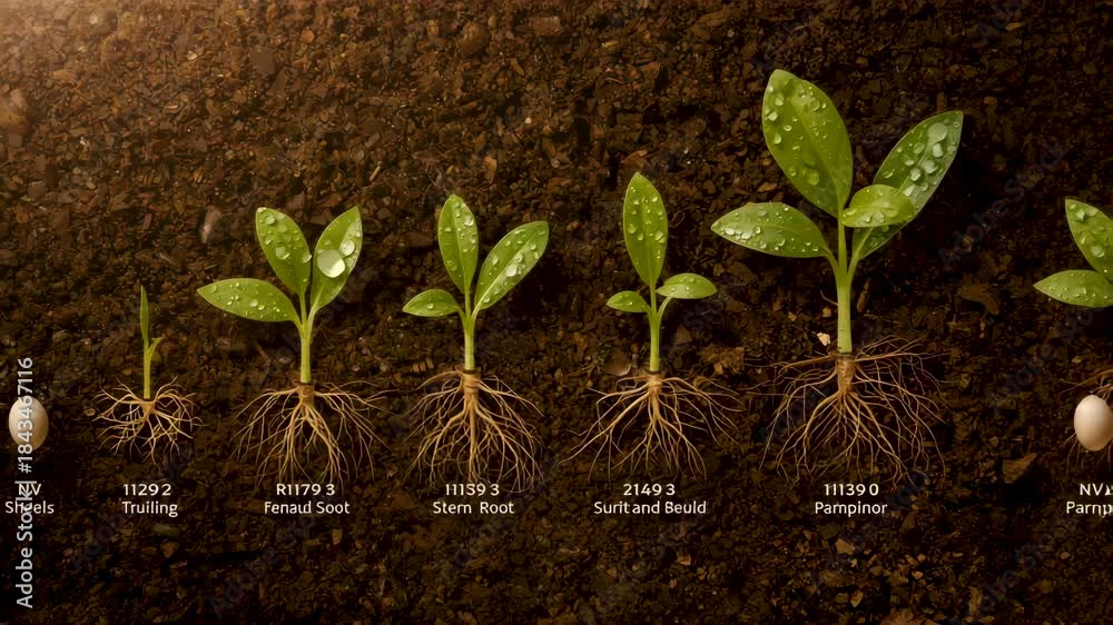 Plant growth stages showing seedlings developing roots and leaves ...