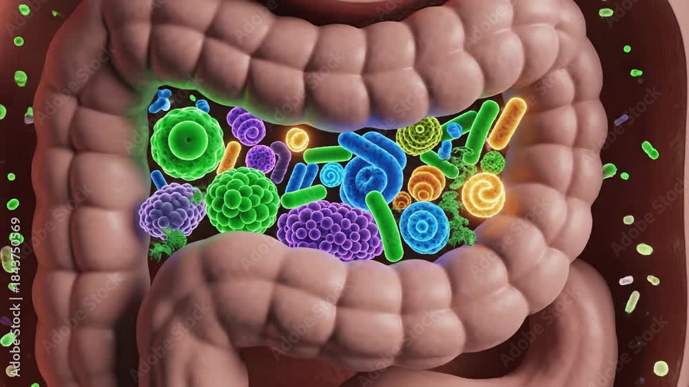 3D cross-section of a red stomach with surrounding intestines, detailed ...