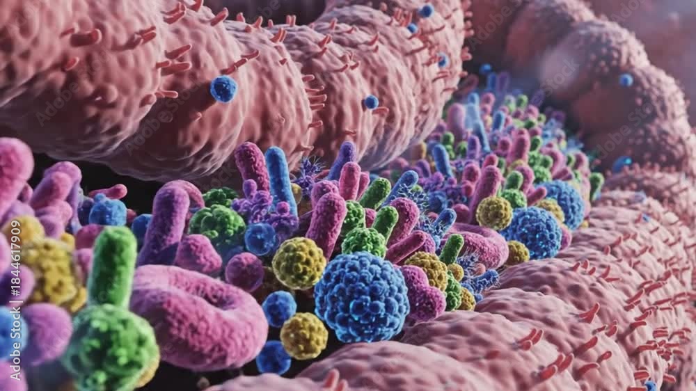 Microscopic view of intestinal microbiota showing different types of ...